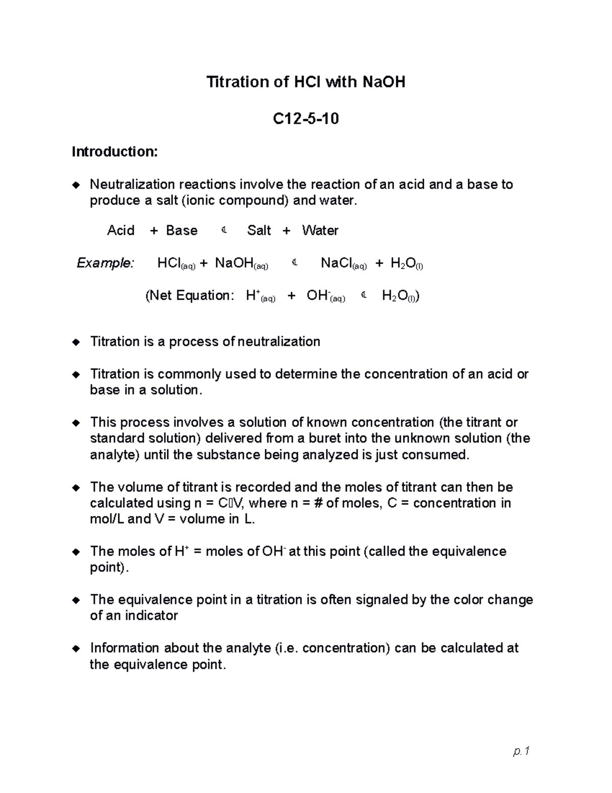 Titration of HCl with Na OH C12-5-10 - Titration of HCl with NaOH C12-5 ...