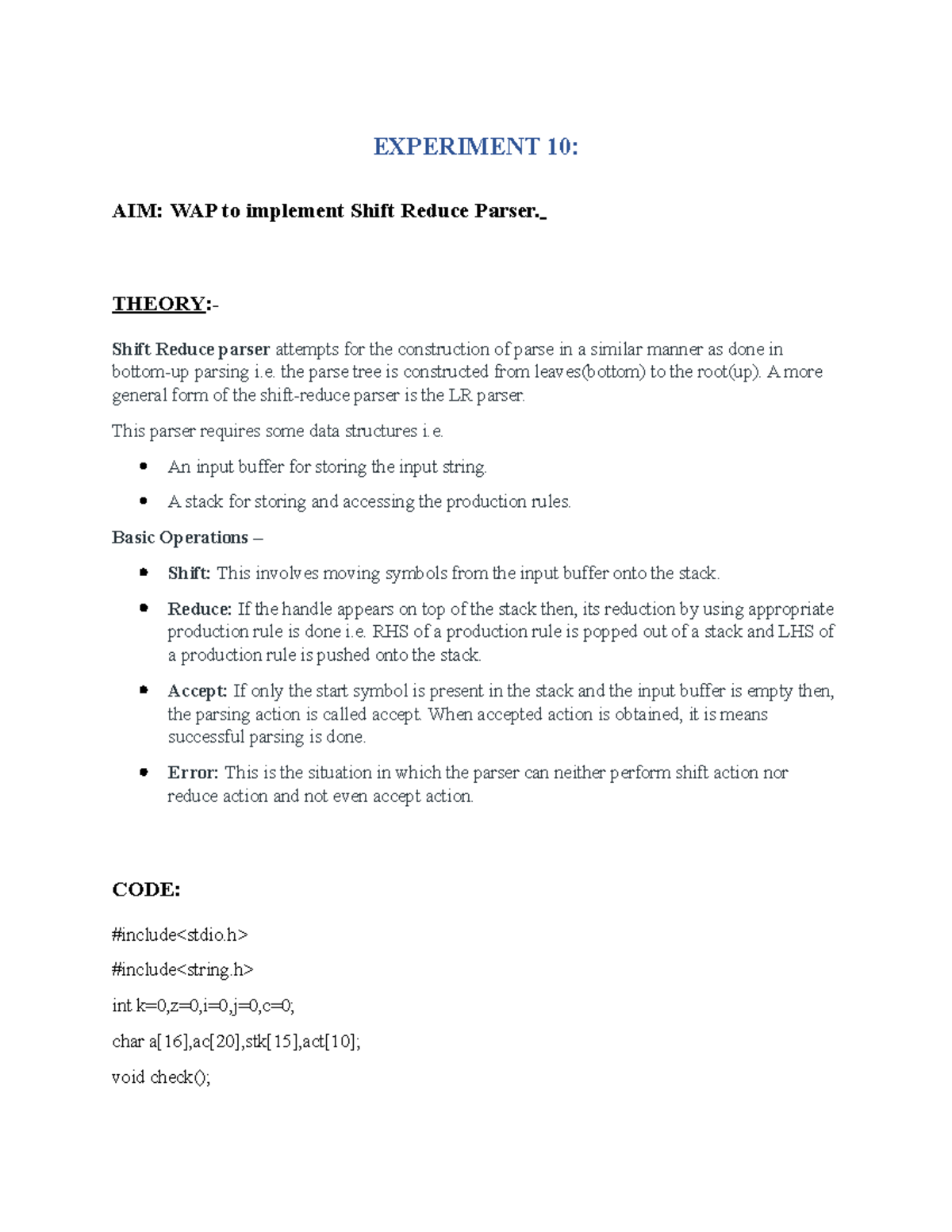 Lab 10 CC - compiler - EXPERIMENT 10: AIM: WAP to implement Shift ...