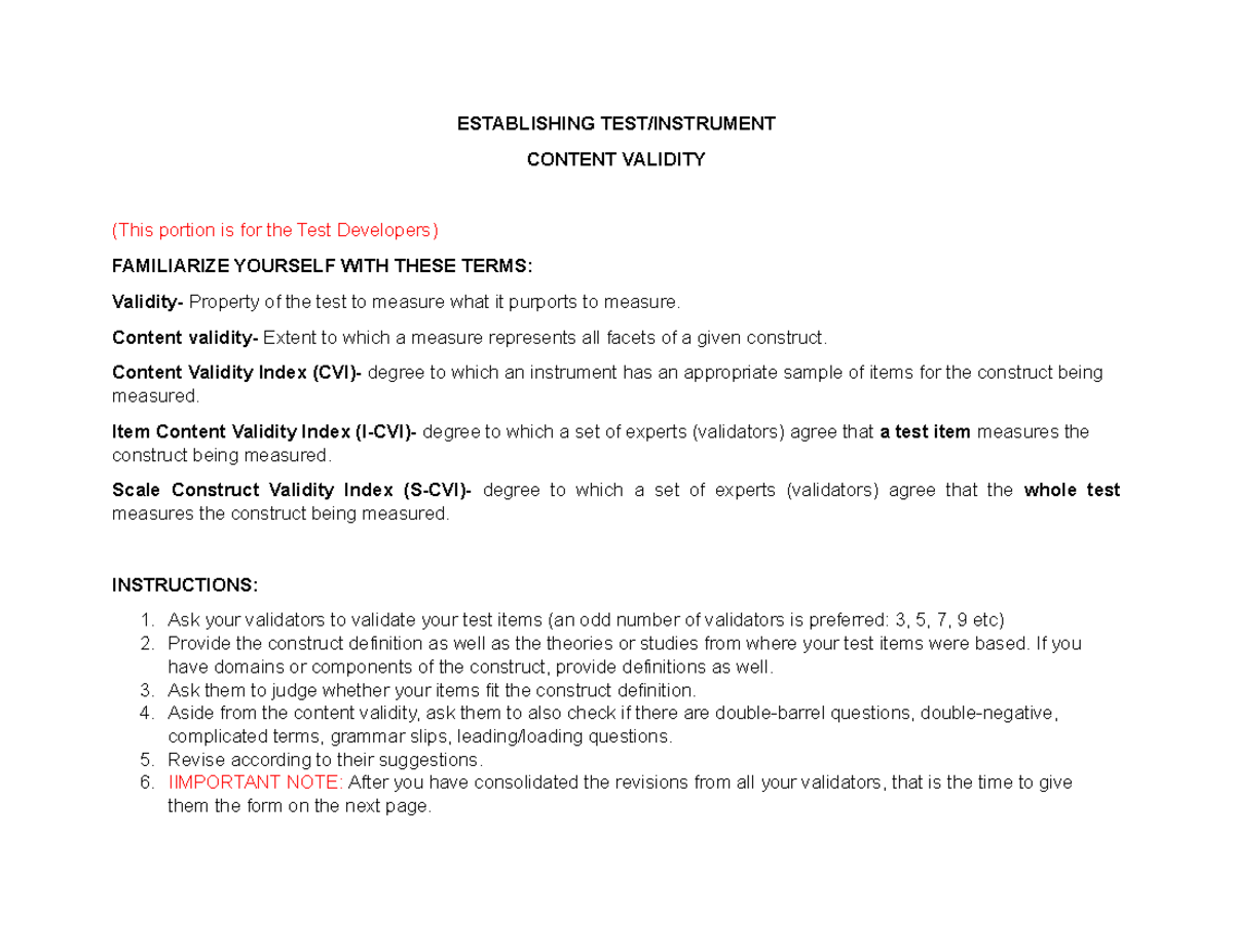 Computing the Content Validity Index - ESTABLISHING TEST/INSTRUMENT ...