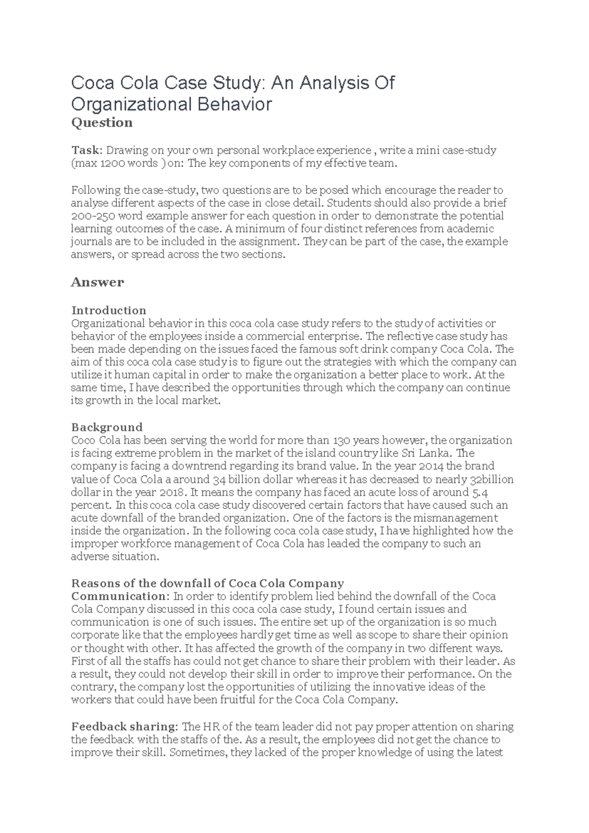 Coca Cola Case Study - Following the case-study, two questions are to be posed which encourage ...