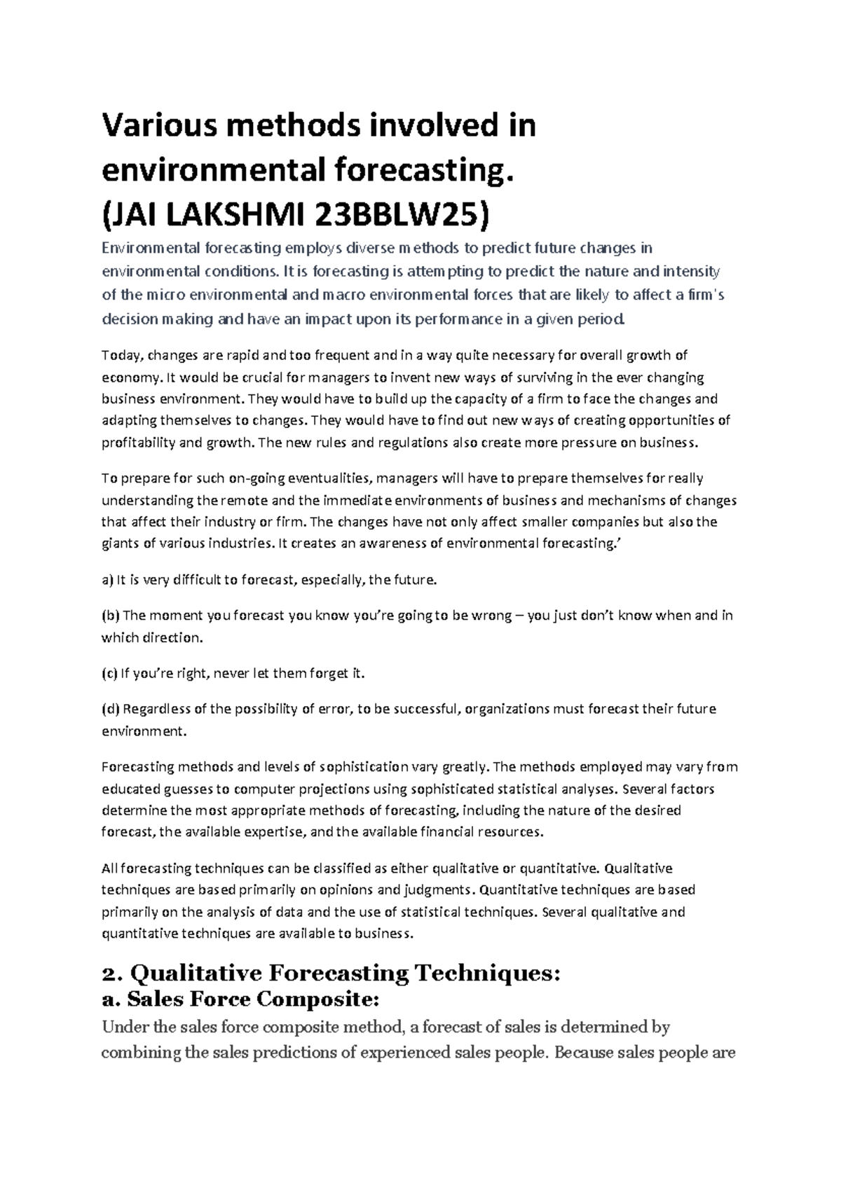 Various methods involved in environmental forecasting - (JAI LAKSHMI ...