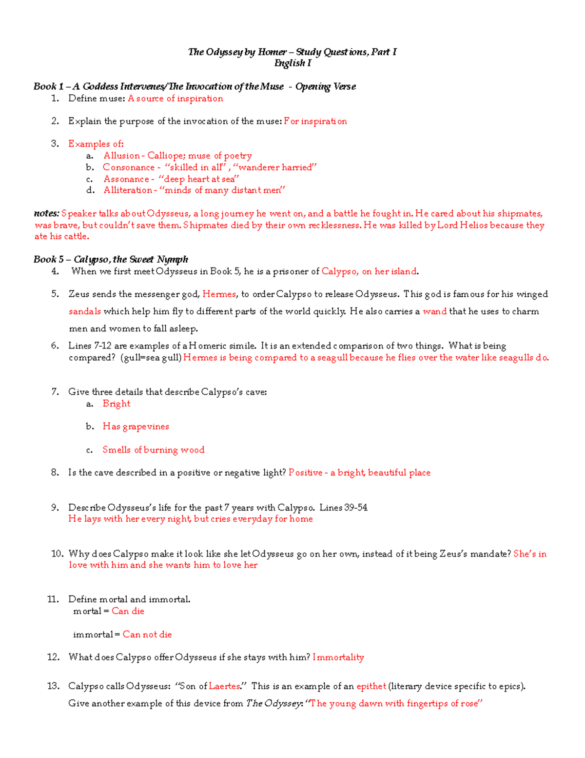Odyssey Part I Study Questions - The Odyssey by Homer – Study Questions ...