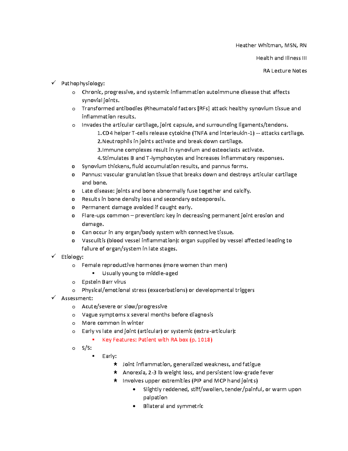 Arthritis Lecture Notes - Heather Whitman, MSN, RN Health and Illness ...