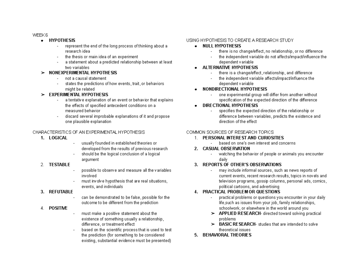 Experimental Psychology (P2) - WEEK 6 HYPOTHESIS represent the end of ...