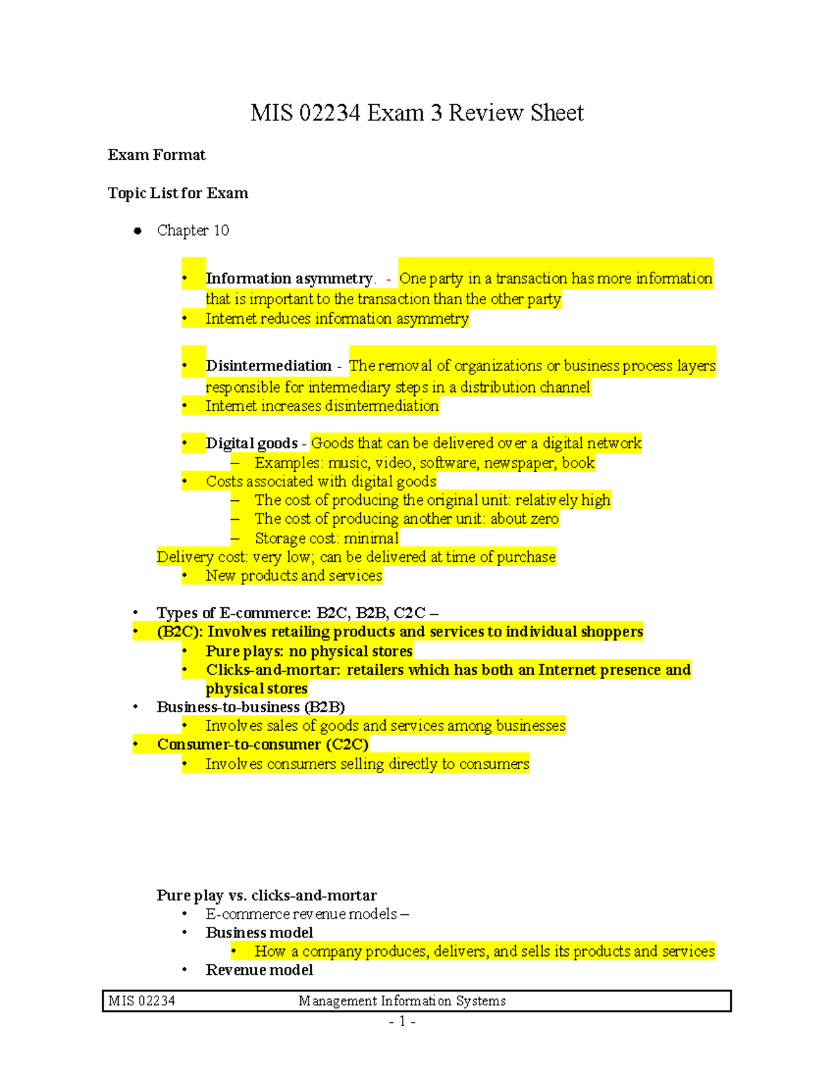 MIS Exam 3 Review Sheet - MIS 02234 Exam 3 Review Sheet Exam Format ...