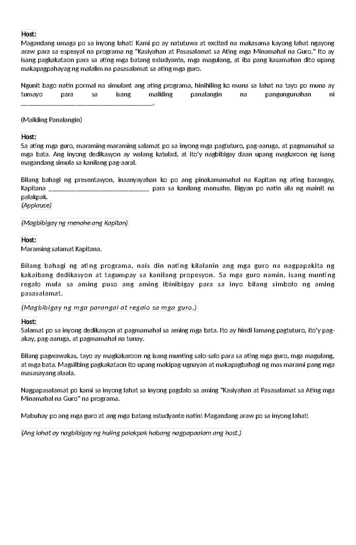 Script - Host: Magandang umaga po sa inyong lahat! Kami po ay natutuwa ...