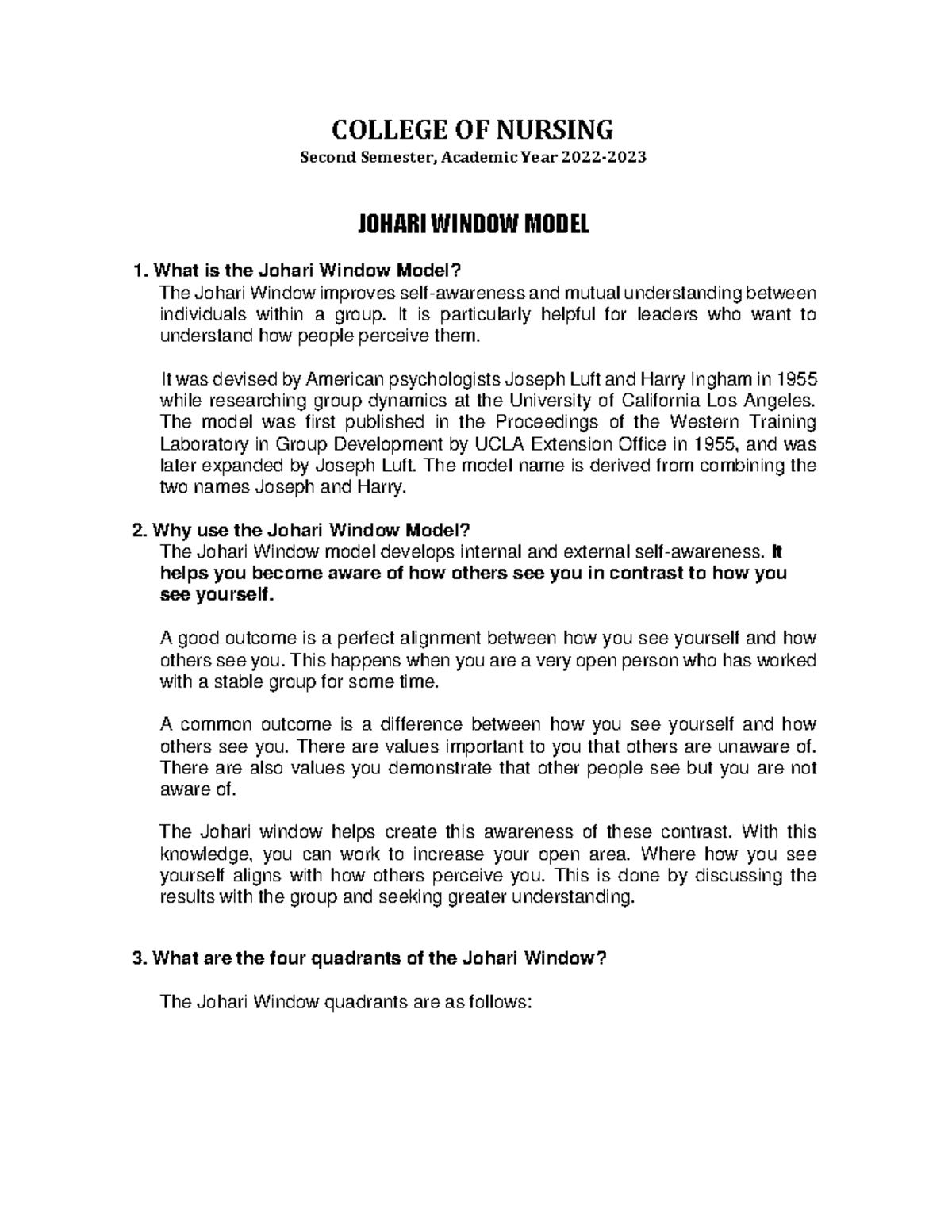College OF Nursing Joharis Window - COLLEGE OF NURSING Second Semester ...