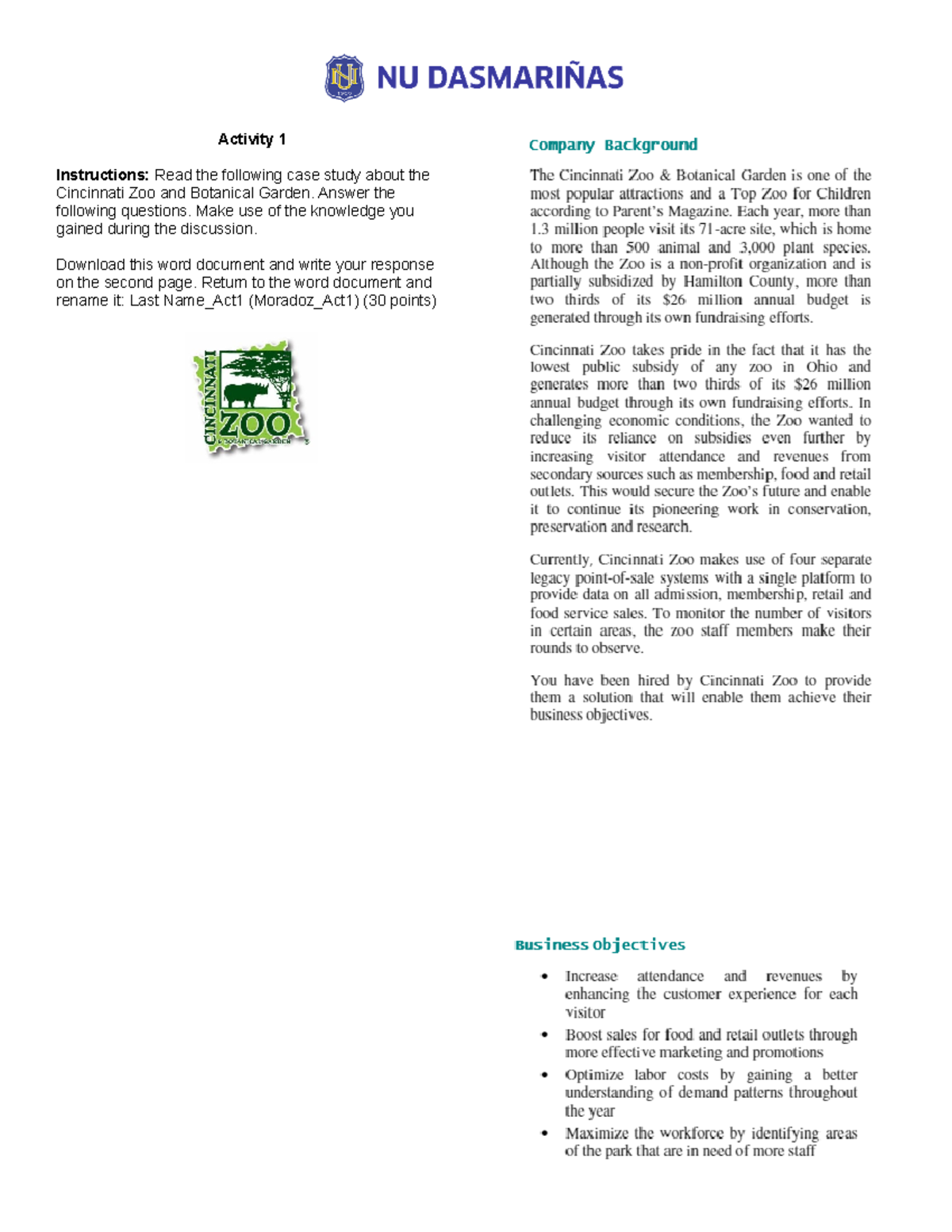 Activity 1 - need - Activity 1 Instructions: Read the following case study about the Cincinnati ...