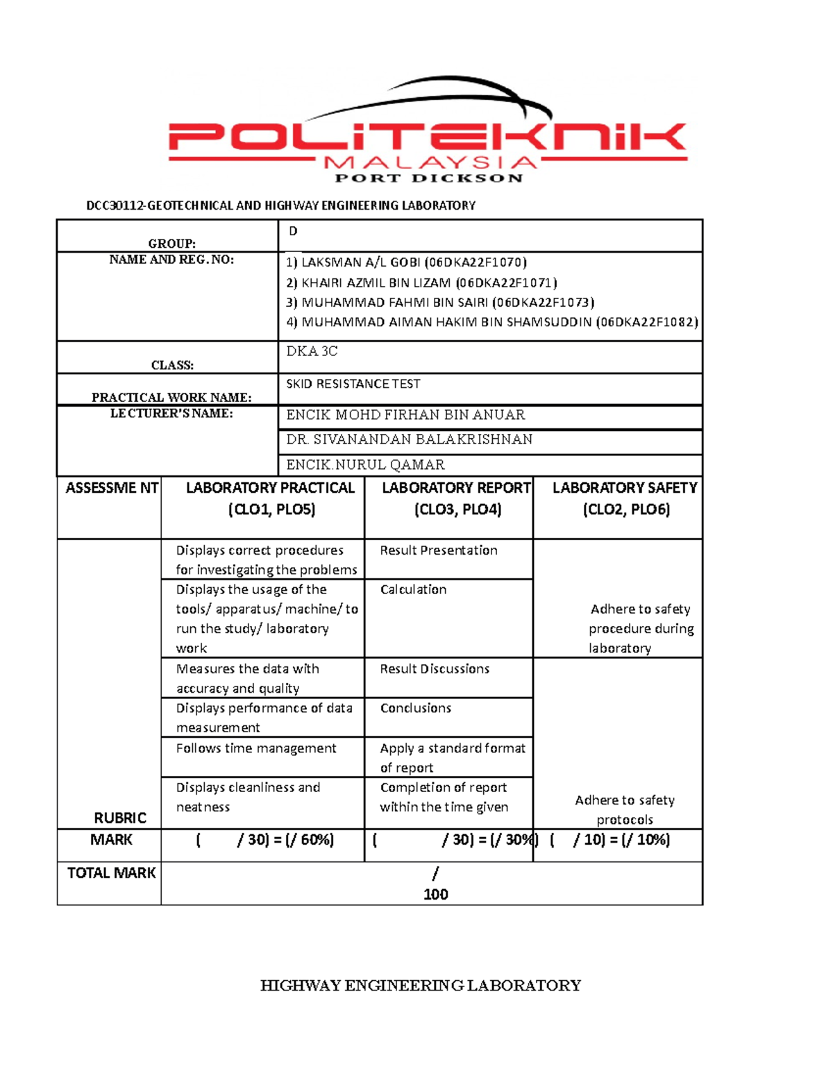 Skid resistance test - lab report - DCC30112-GEOTECHNICAL AND HIGHWAY ...