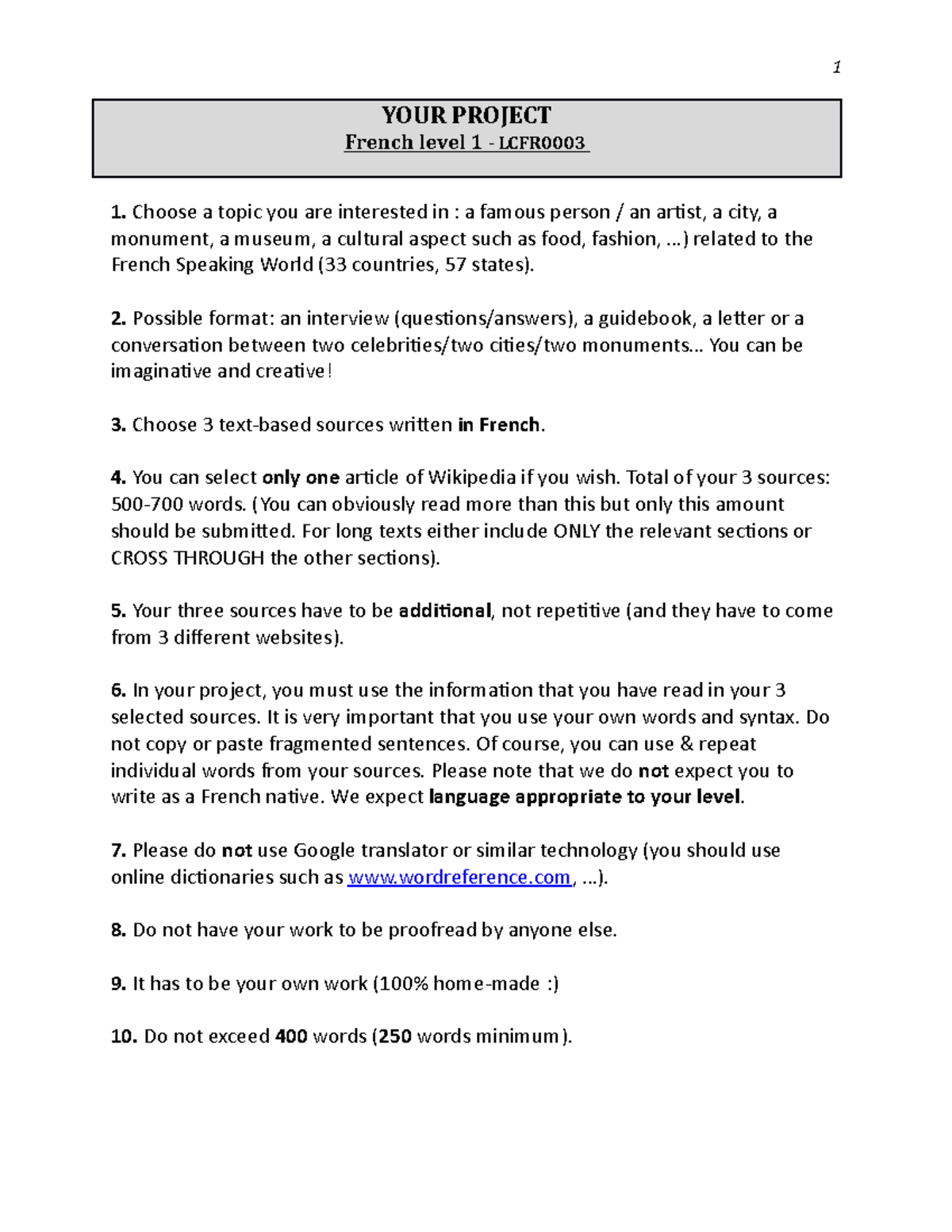 YOUR Project - Level 1 - 2022-23 - 1 YOUR PROJECT French level 1 - LCFR ...