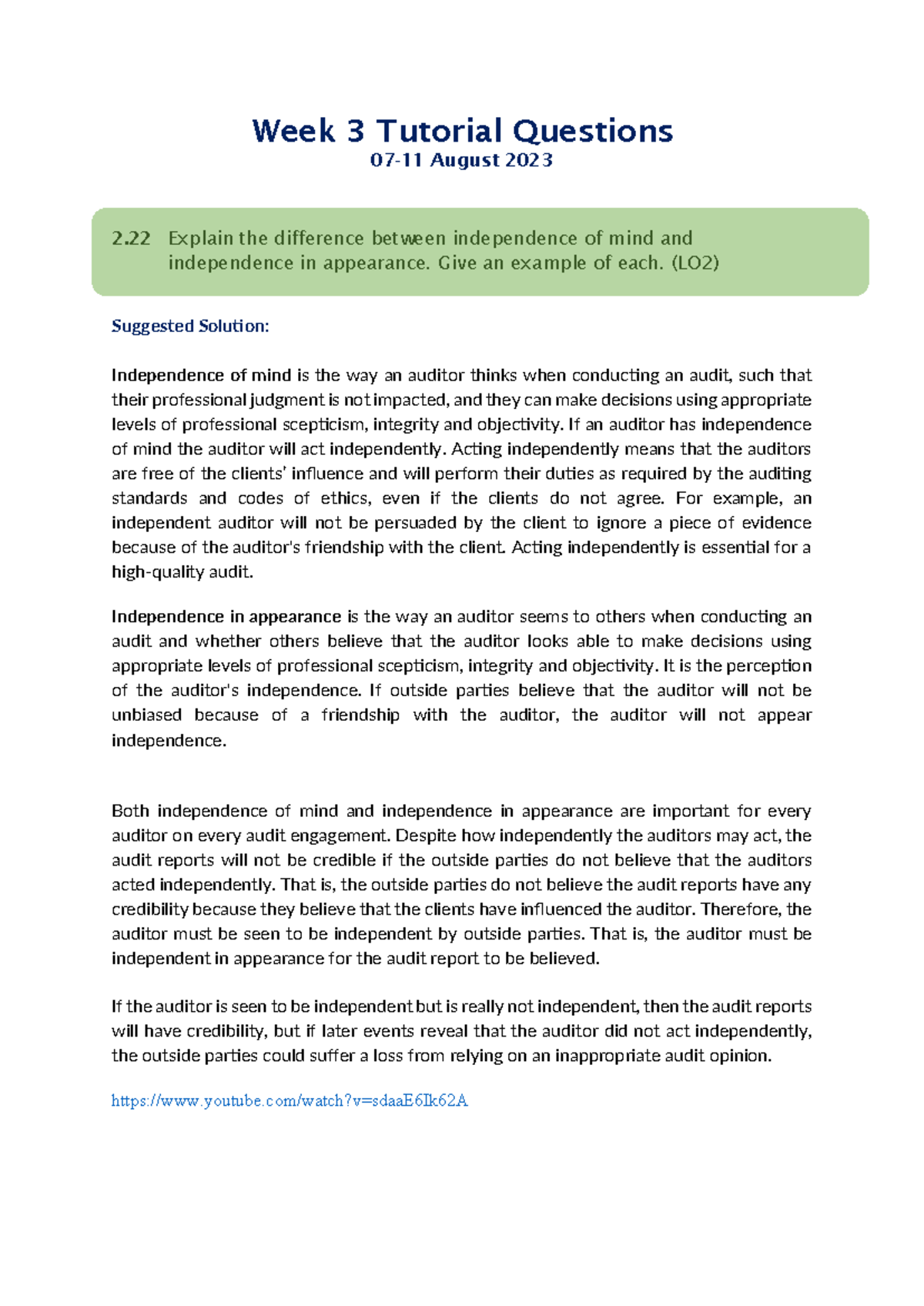 Week 3 Tutorial Questions and Suggested Solution 2024se1 - Week 3 ...