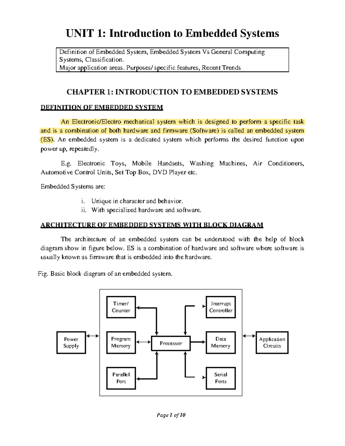 1.0 Introduction to Emedded Systems - Definition of Embedded System, Embedded System Vs General ...