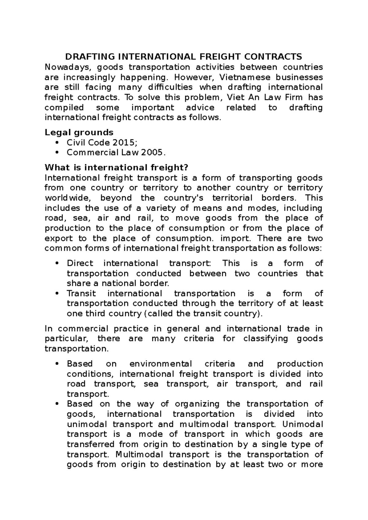 Drafting international freight contracts - DRAFTING INTERNATIONAL ...