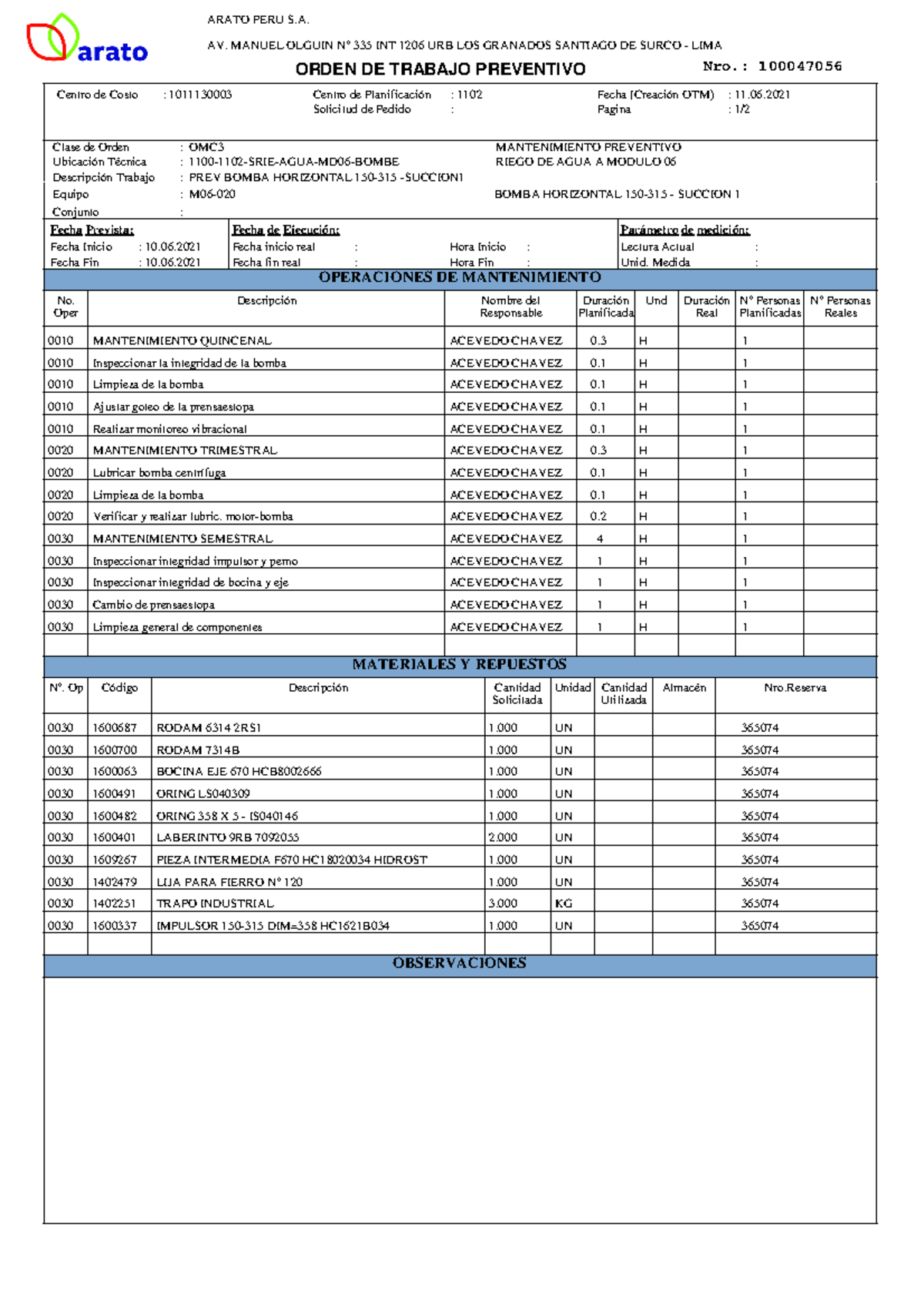 Modelo OT Preventivo muestra de trabajo - ARATO PERU S. AV. MANUEL ...