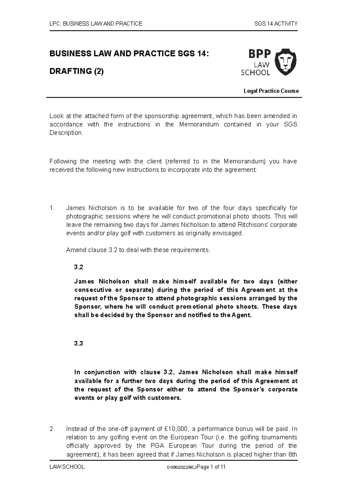 Drafting Solution - LPC: BUSINESS LAW AND PRACTICE SGS 14 ACTIVITY ...