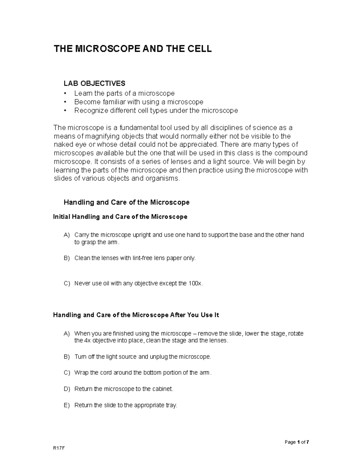 Lab 2 - LAb 2 - THE MICROSCOPE AND THE CELL LAB OBJECTIVES • Learn the parts of a microscope ...