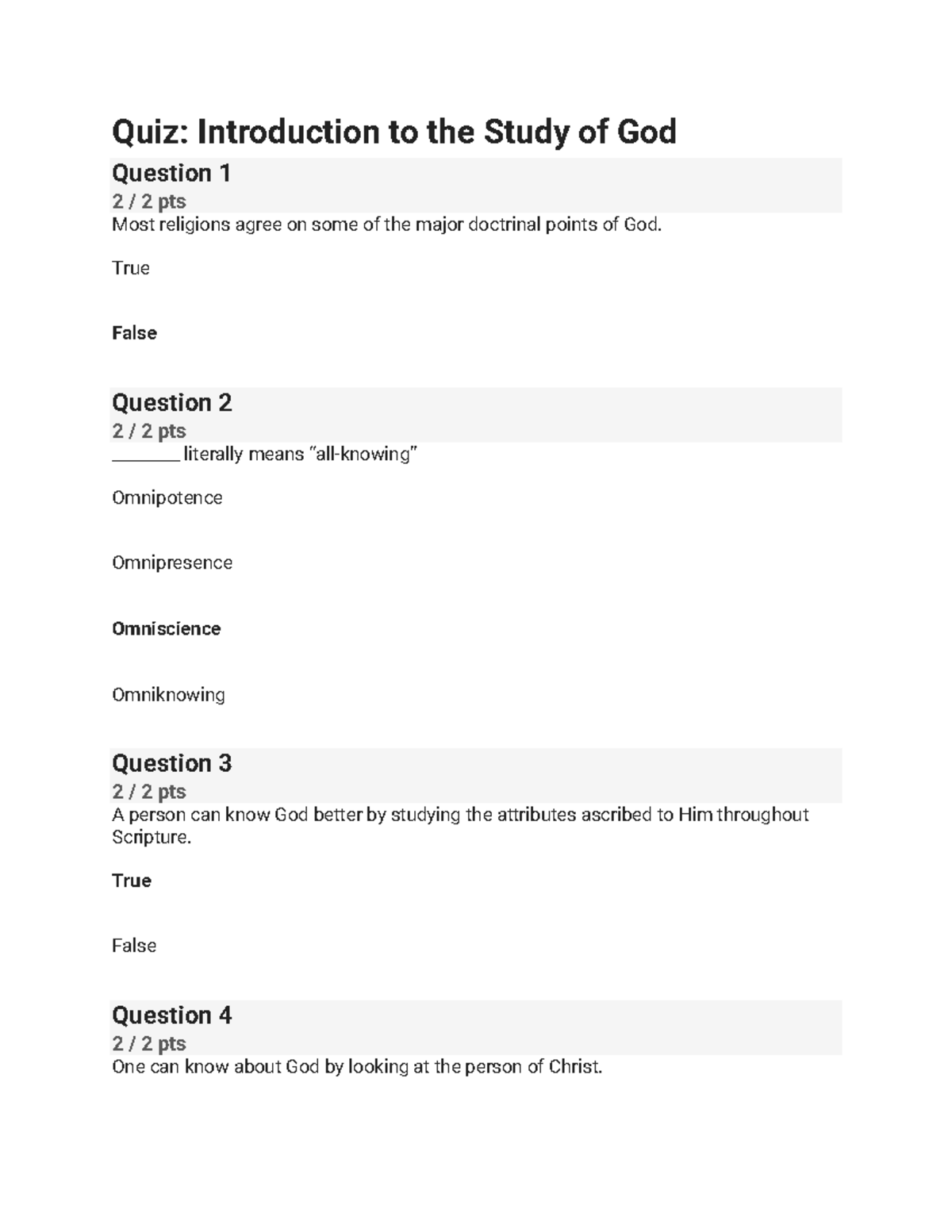 Quiz- Introduction to the Study of God - Quiz: Introduction to the ...