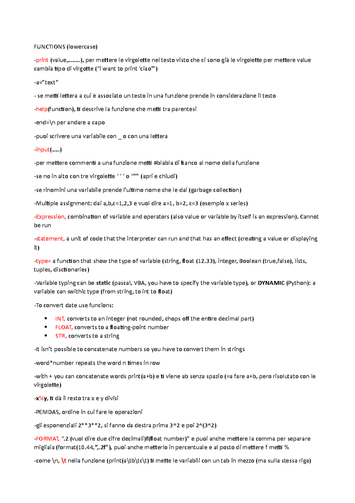 Phyton WORD - Elenco comandi Python - FUNCTIONS (lowercase) print (value,........), per mettere ...