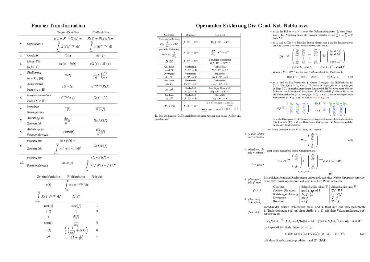 Analysis 3 ZF ET - Fourier Transformation Operanden Erklärung Div. Grad ...