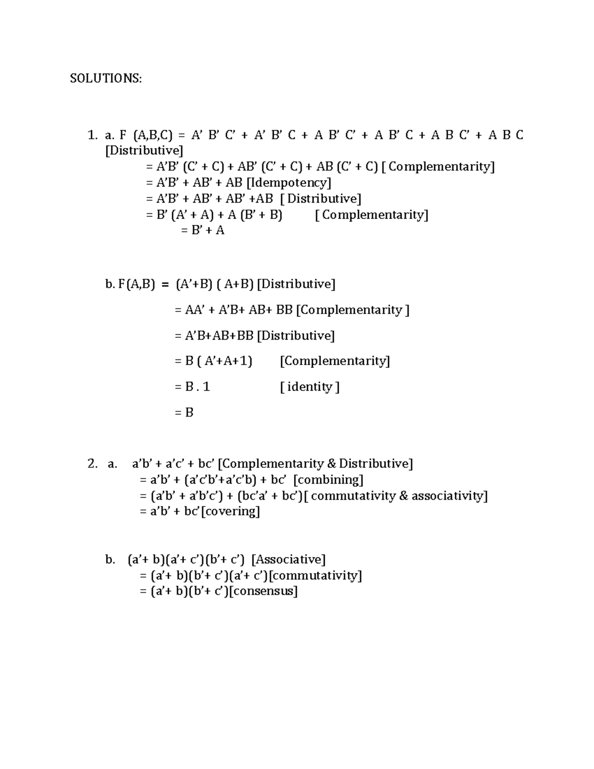 Exercise Midterm 1 Solutions - SOLUTIONS: a. F (A,B,C) = A’ B’ C’ + A ...