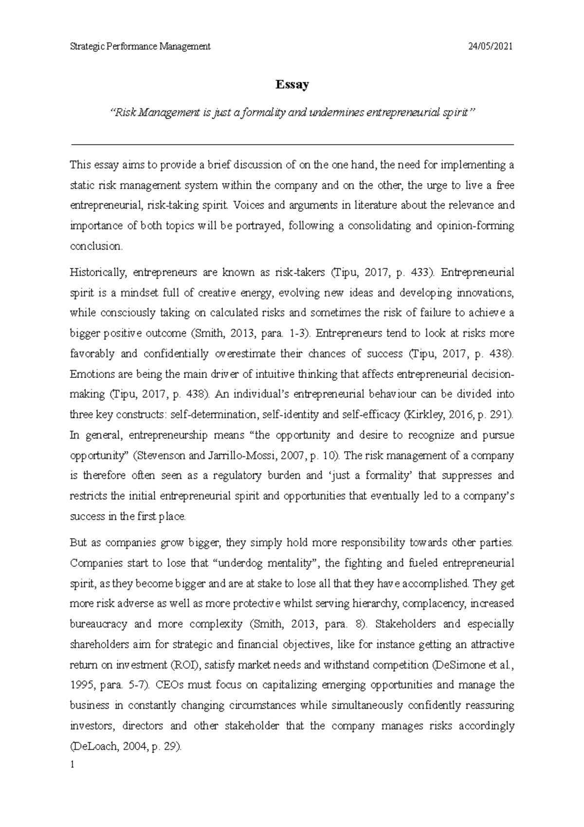 Essay Risk Management - SS 2021 - Strategic Performance Management 24 ...