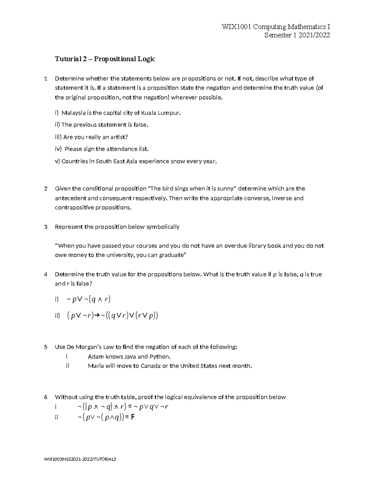 Tutorial 2 - Tuto - WIX1001 Computing Mathematics I Semester 1 2021/ Tutorial 2 – Propositional ...