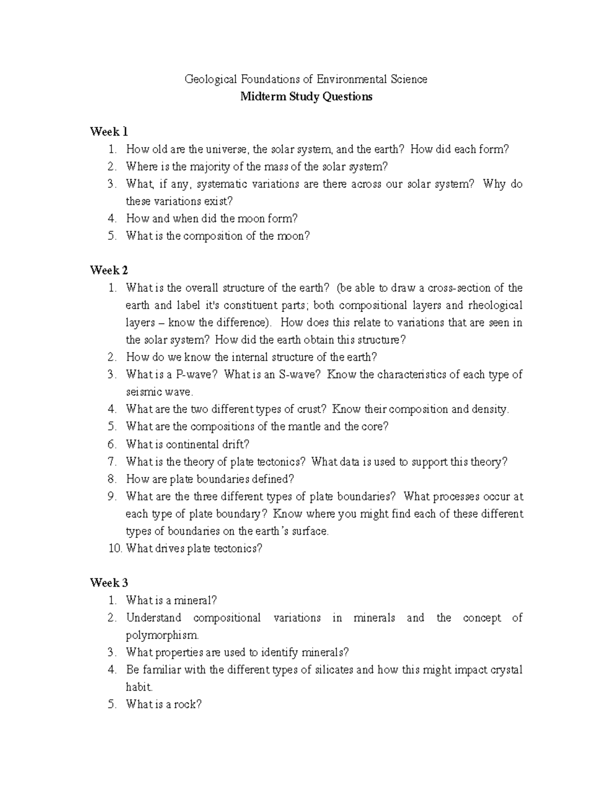 Midterm review questions - Geological Foundations of Environmental ...