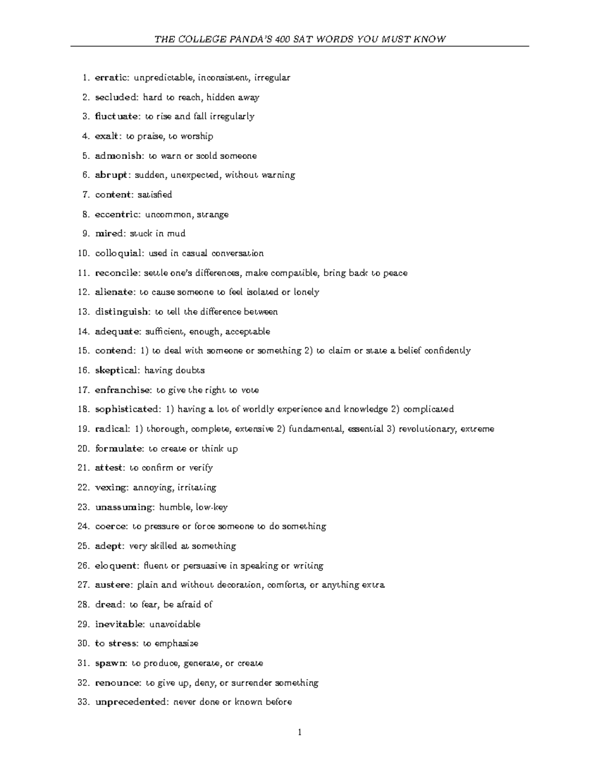 400 Essential SAT Words - erratic: unpredictable, inconsistent ...
