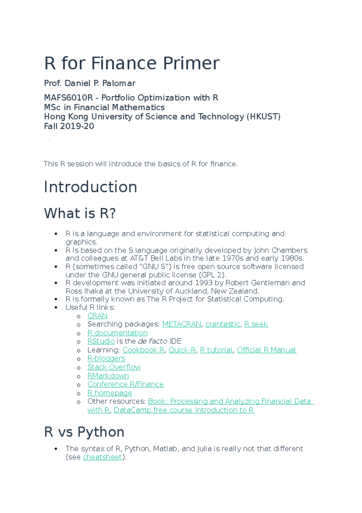 R for Finance Primer - how to use R - Data Analytics with R - Studocu