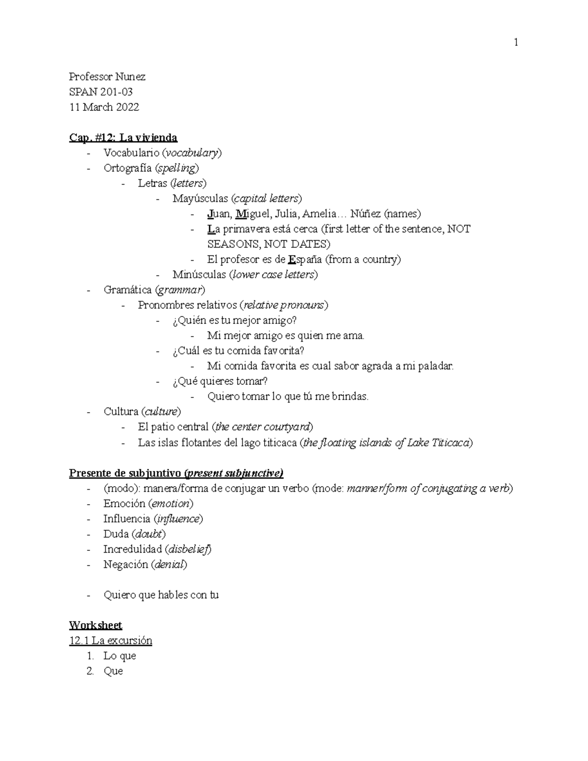 SPAN 201-03 (9) CH 12 - Professor Nunez SPAN 201- 11 March 2022 Cap ...