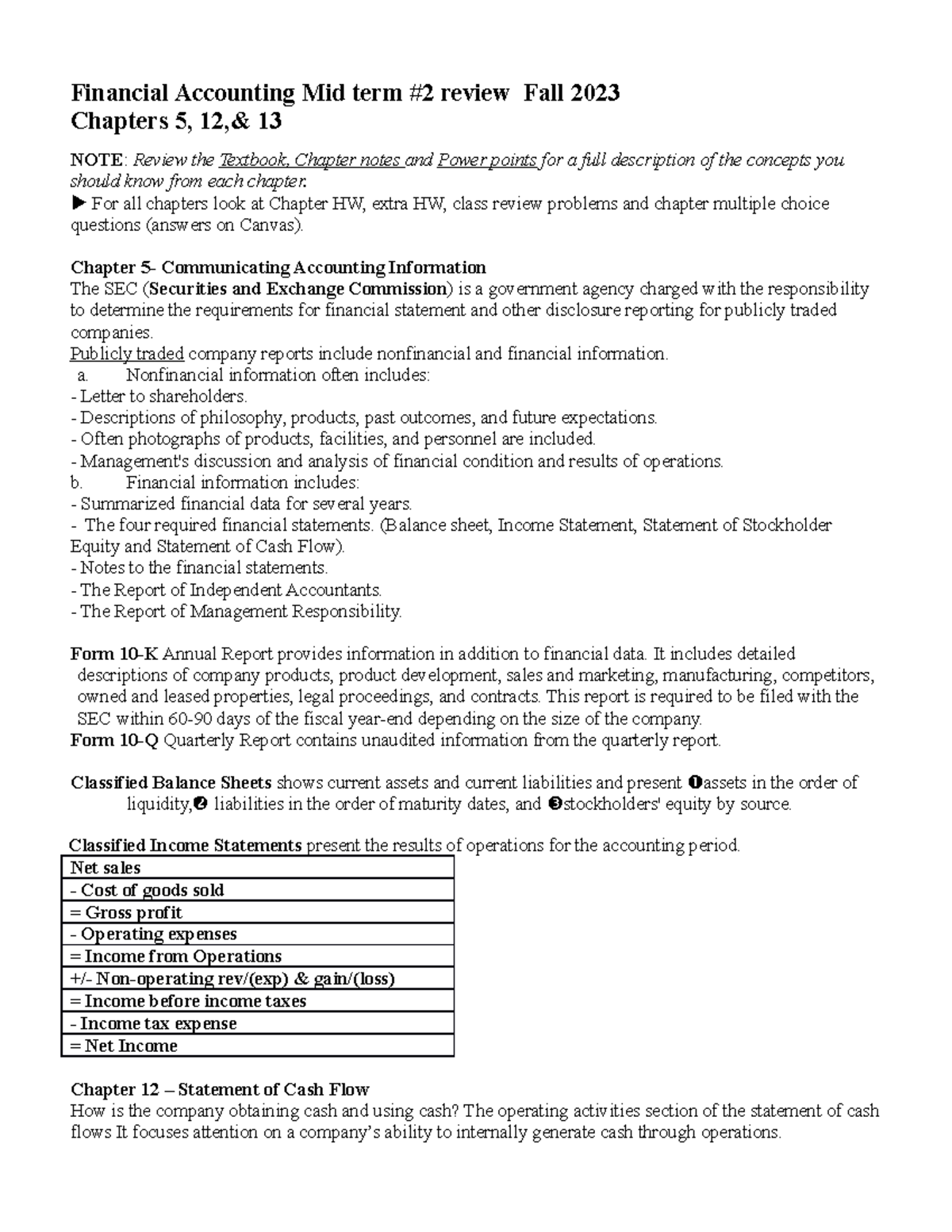 FA Mid term #2 Review Fall 2023 - Financial Accounting Mid term #2 review Fall 2023 Chapters 5 ...