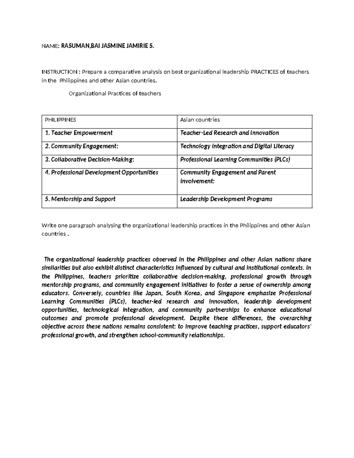 Comparative Analysis - Essay - NAME: RASUMAN,BAI JASMINE JAMIRIE S ...