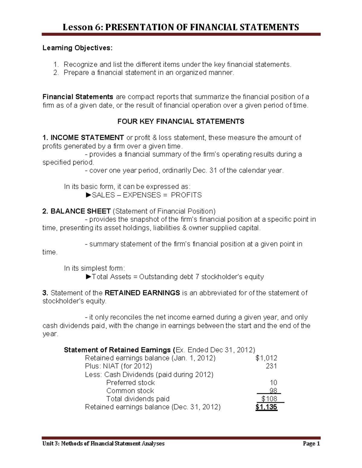 L4 Presentation-of-Financial Statement - Learning Objectives: Recognize ...