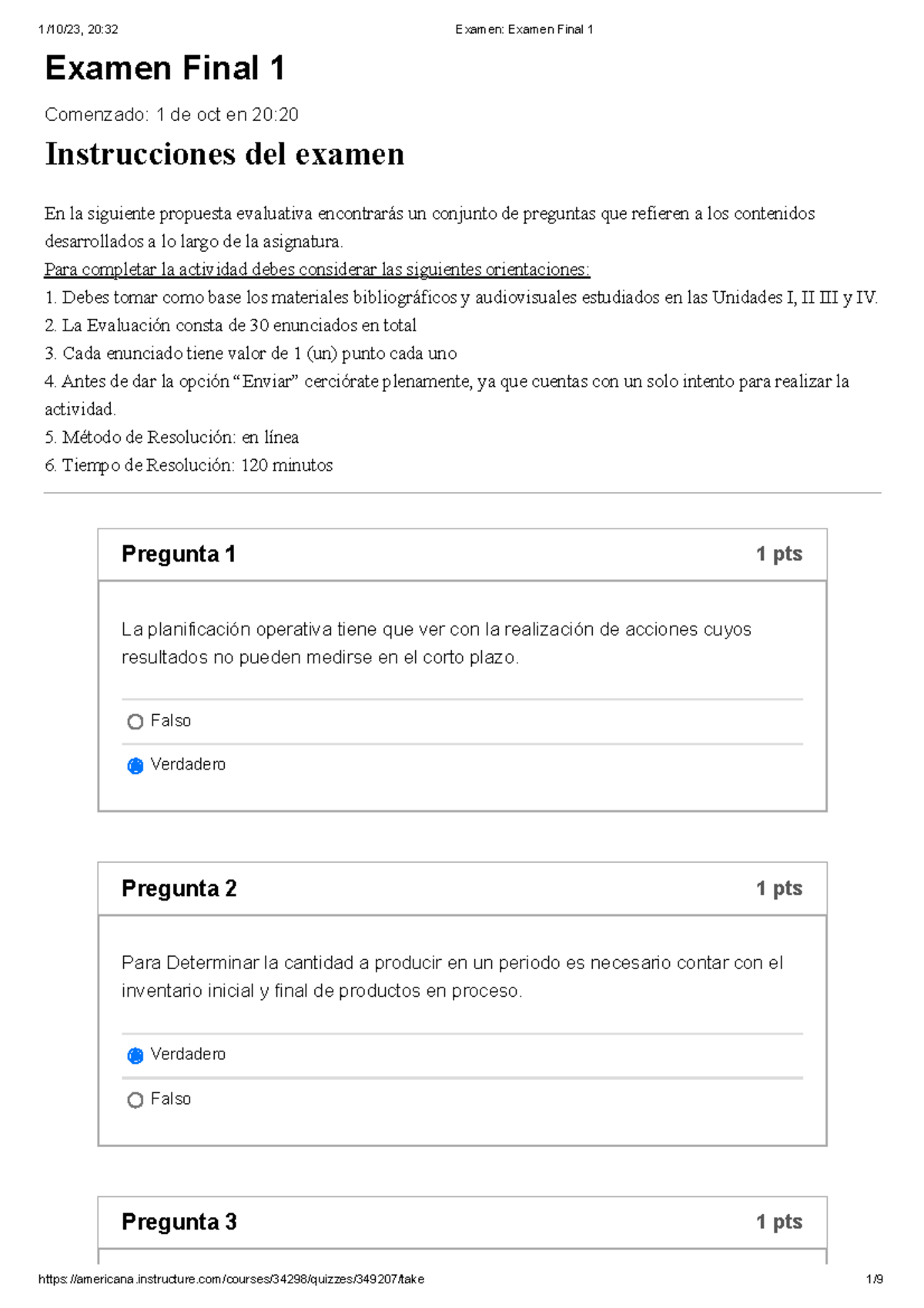 Examen Examen Final 1 ADM DE Costos II - Examen Final 1 Comenzado: 1 de oct en 20: Instrucciones ...