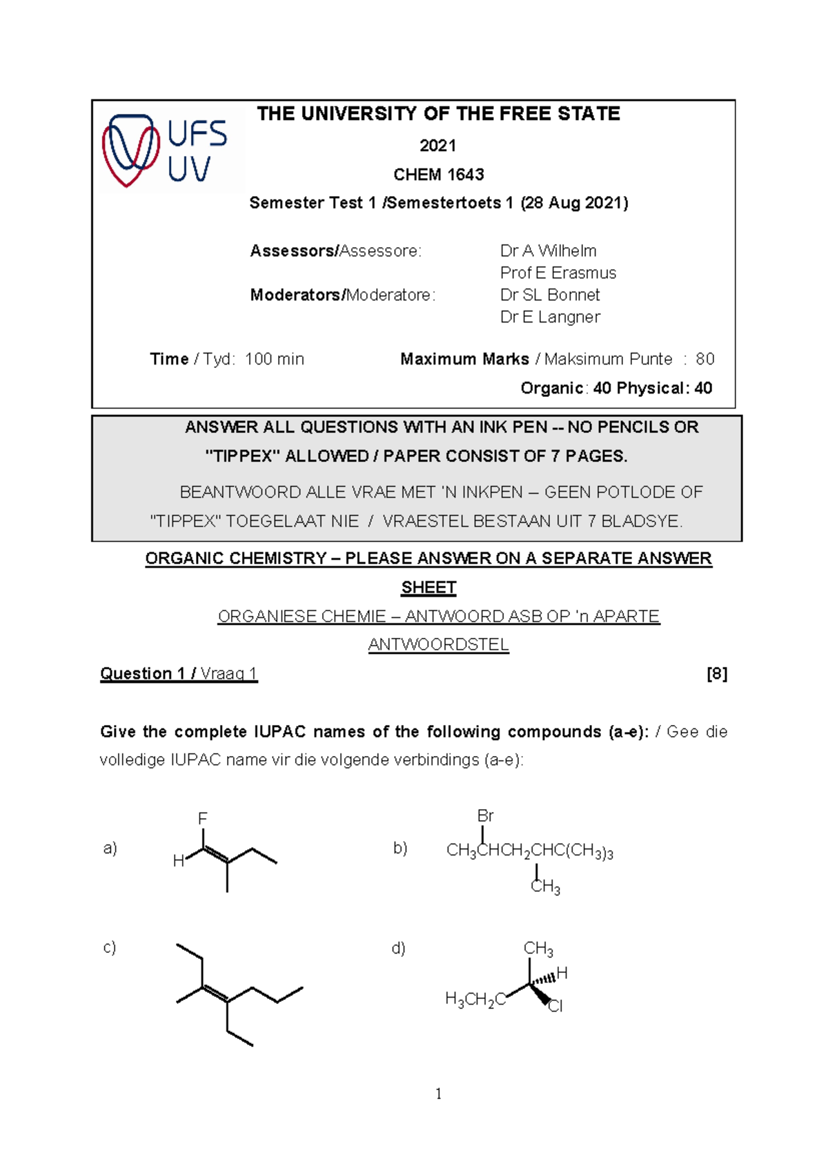 2021 CHEM1643 ST1 AW Final PLUS MEMO - THE UNIVERSITY OF THE FREE STATE ...