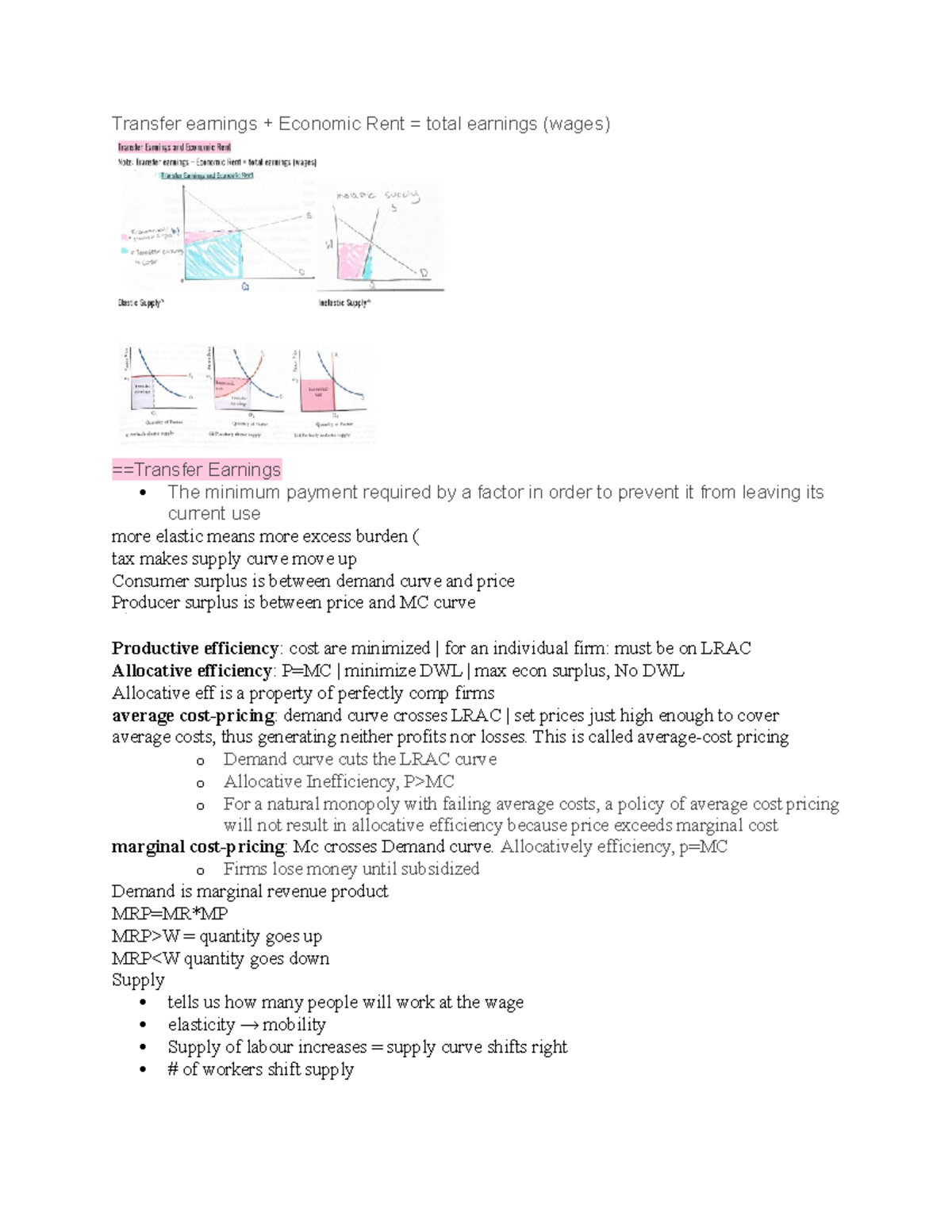 Cheat sheet 4 - ec120 - Transfer earnings + Economic Rent = total ...