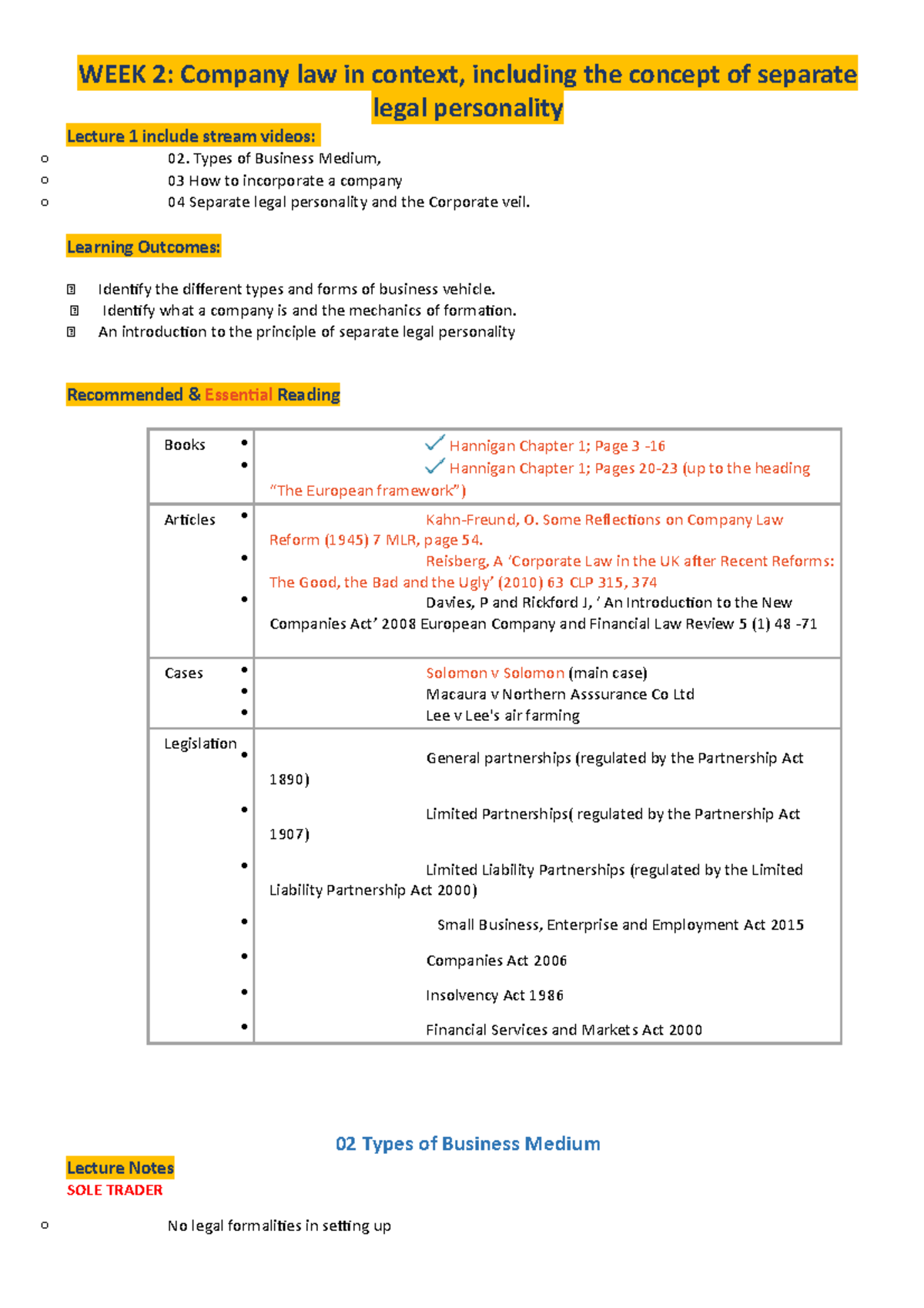 Company Law Week 1 - 4 Notes - WEEK 2: Company law in context ...