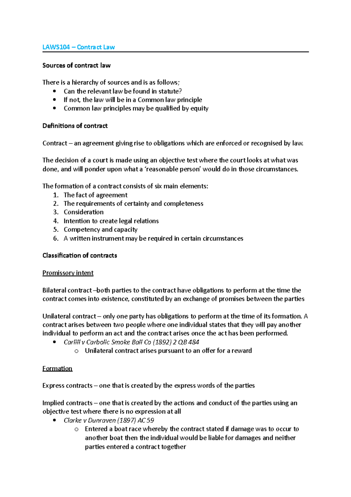 Contracts Exemplar Notes - LAWS104 – Contract Law Sources of contract ...