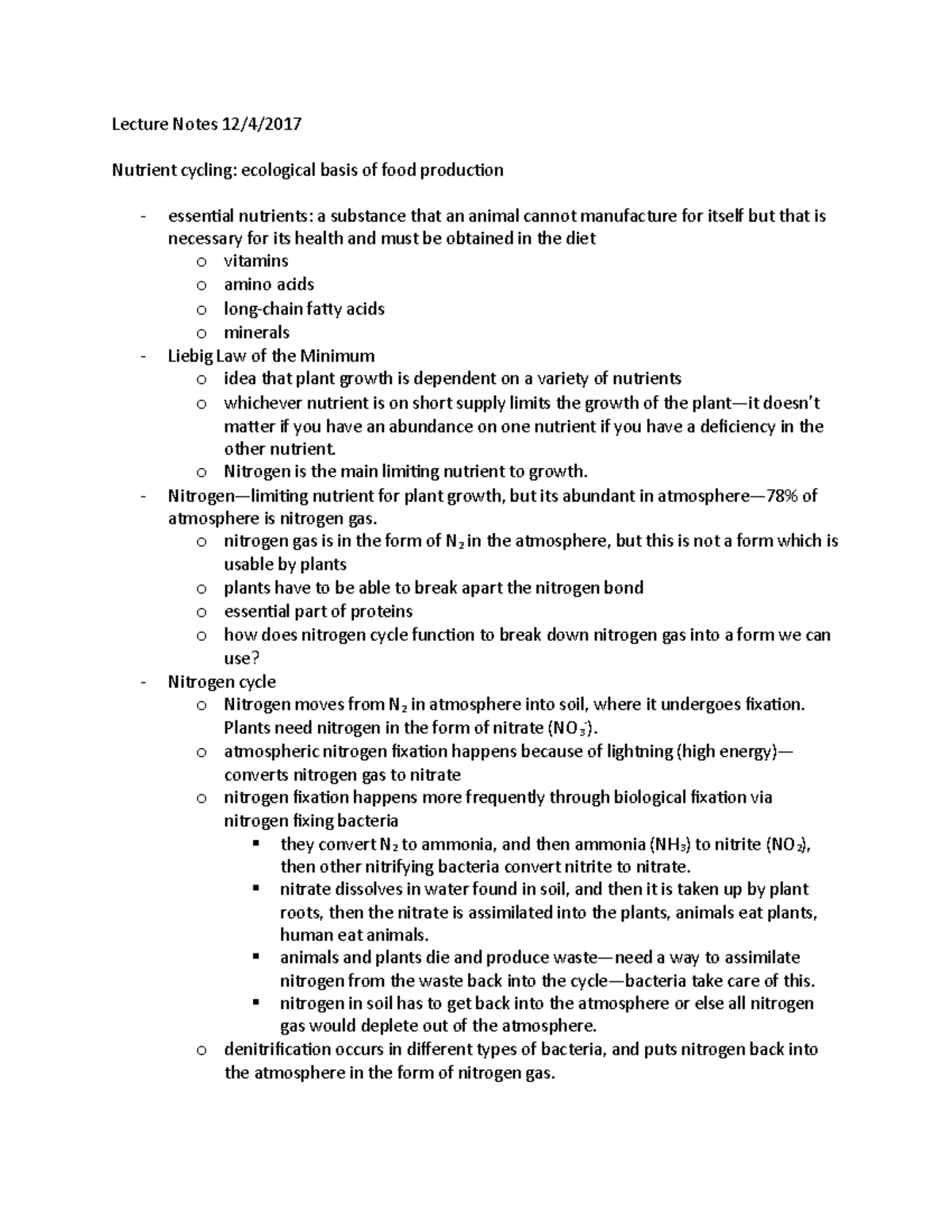 Lecture notes 12:4:2017 - Lecture Notes 12/4/ Nutrient cycling ...