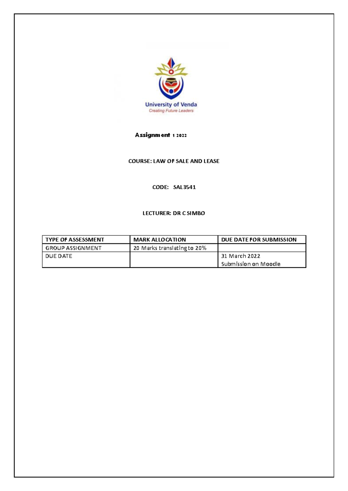 Assignment 1 2022 Sale and Lease - Assignment 1 2022 COURSE: LAW OF ...