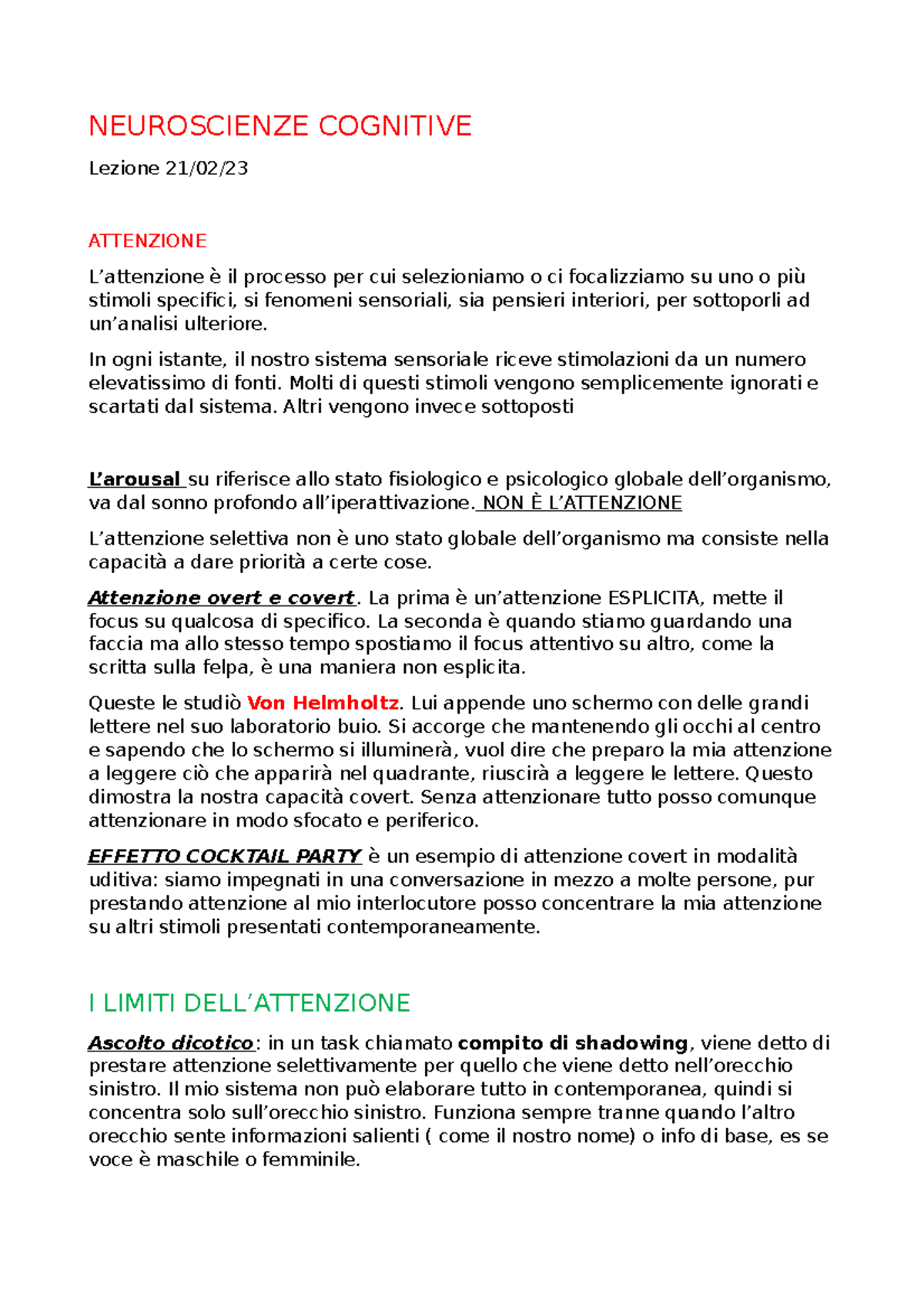 Neuroscienze Cognitive - UniBg - Studocu