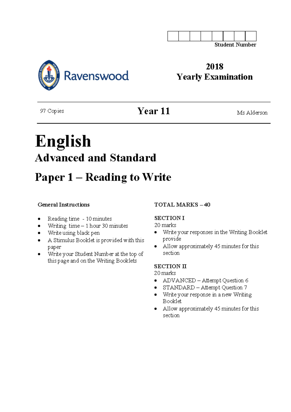 2018 Question Booklet - /// - Student Number 2018 Yearly Examination 97 ...