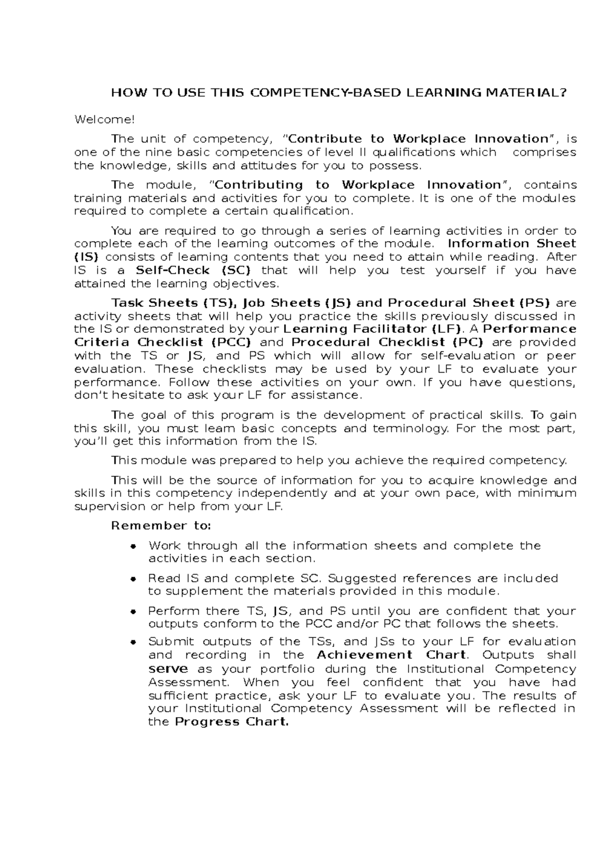 Basic 5 - Contribute to Workplace Innovation - HOW TO USE THIS ...