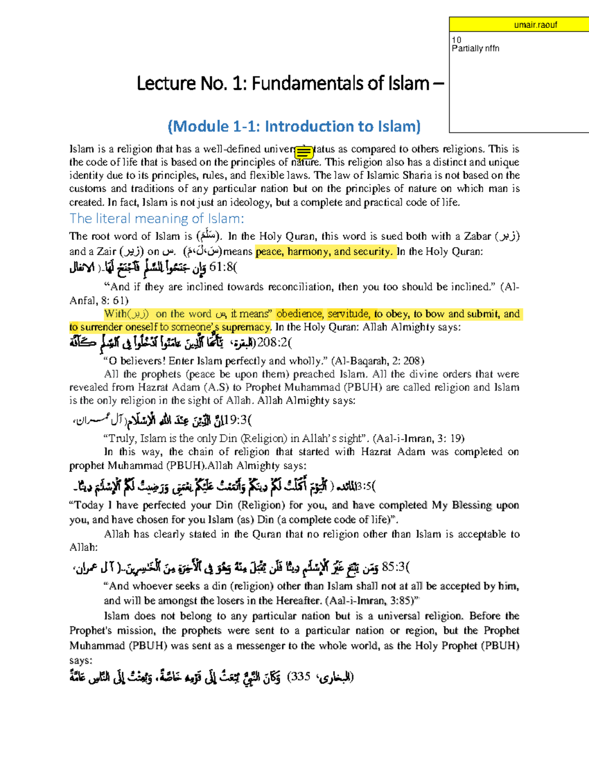 Handouts Lecture 01 ISL 202 (English) - Lecture No. 1: Fundamentals of Islam – I (Module 1-1 ...