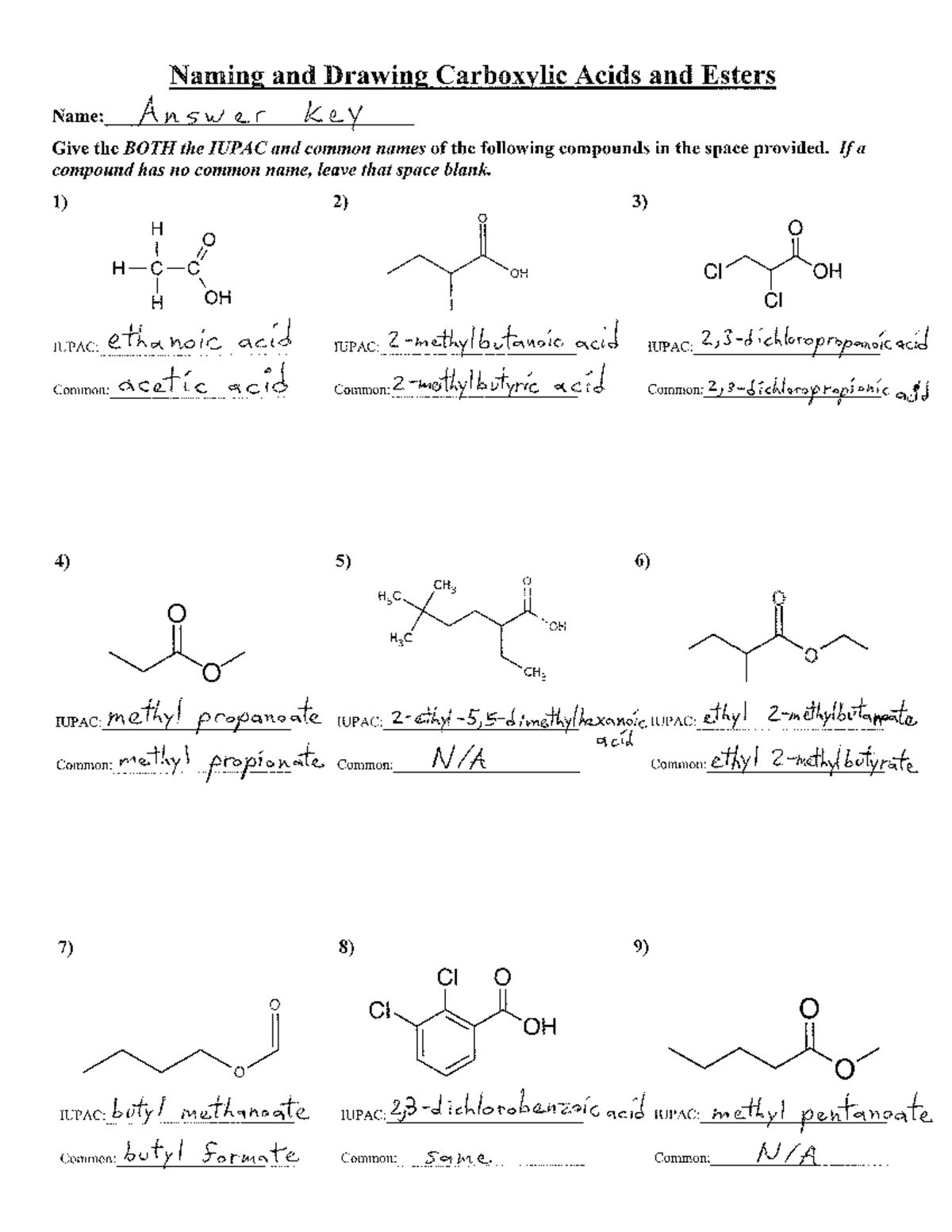 Naming and Drawing Carboxylic Acids and Esters Answer Key - CHEM 1406 ...