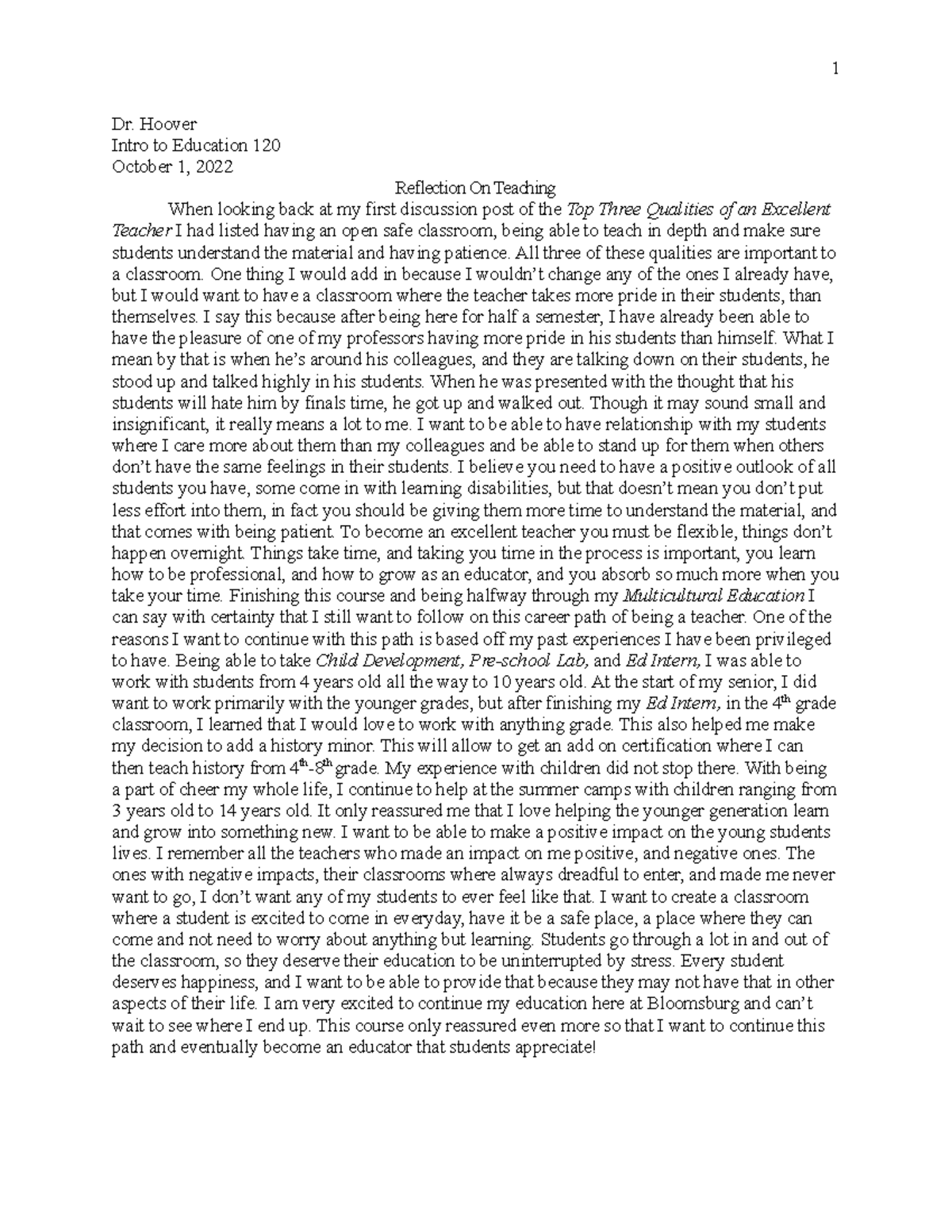 One Page Reflection- 120 - 1 Dr. Hoover Intro to Education 120 October ...
