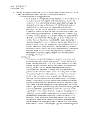 D187 TASK 1 WGU - D187 Task 1 - ONM1 TASK 1: EXAMINING THE DIFFERENTIATED CLASSROOM Western ...