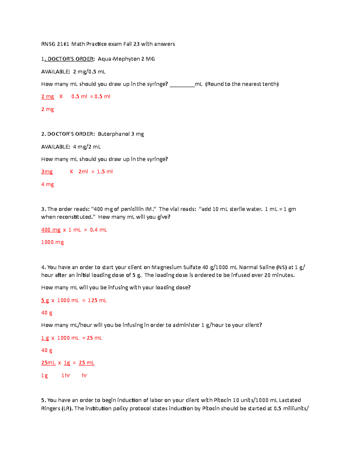 (A) RNSG 2161 Math Practice exam - RNSG 2161 Math Prac 0 ce exam Fall ...