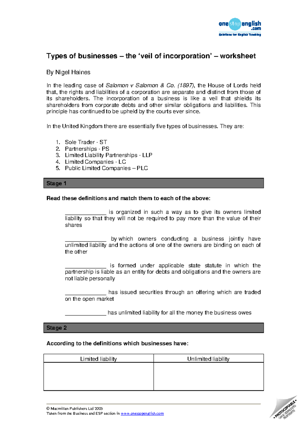 Types of Business - Worksheet (Level C1) - Types of businesses – the ...
