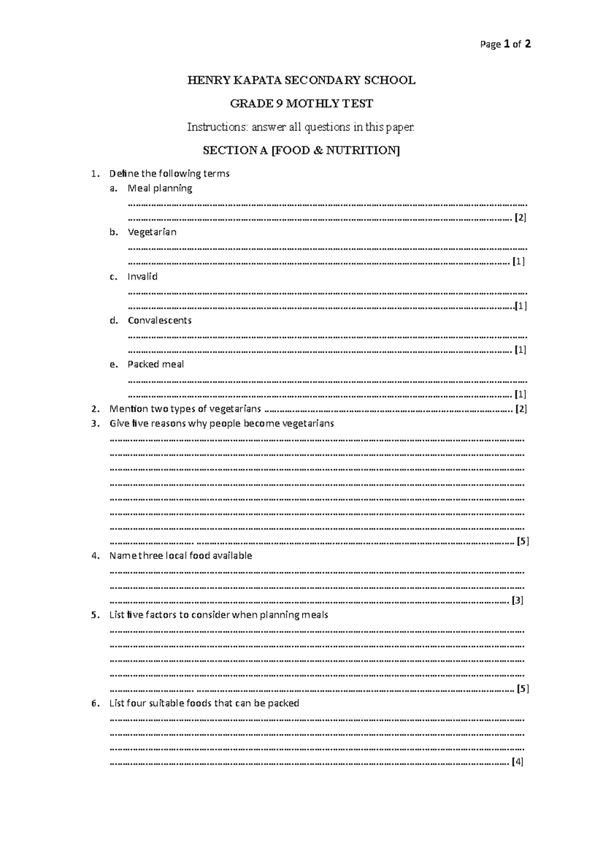 HOME Economics - test - Page 1 of 2 HENRY KAPATA SECONDARY SCHOOL GRADE ...